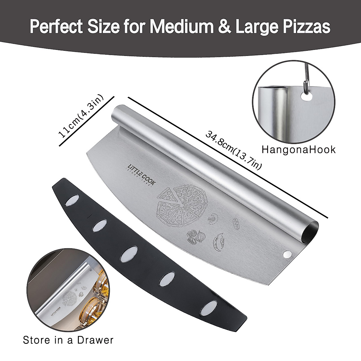 14" Pizza Cutter, Little Cook Ultra Sharp Stainless Steel Pizza Cutter Rocker with Cover, Pizza Knife Slicer for all Types of Quesadillas, Flatbreads, Brownies, Dishwasher Safe