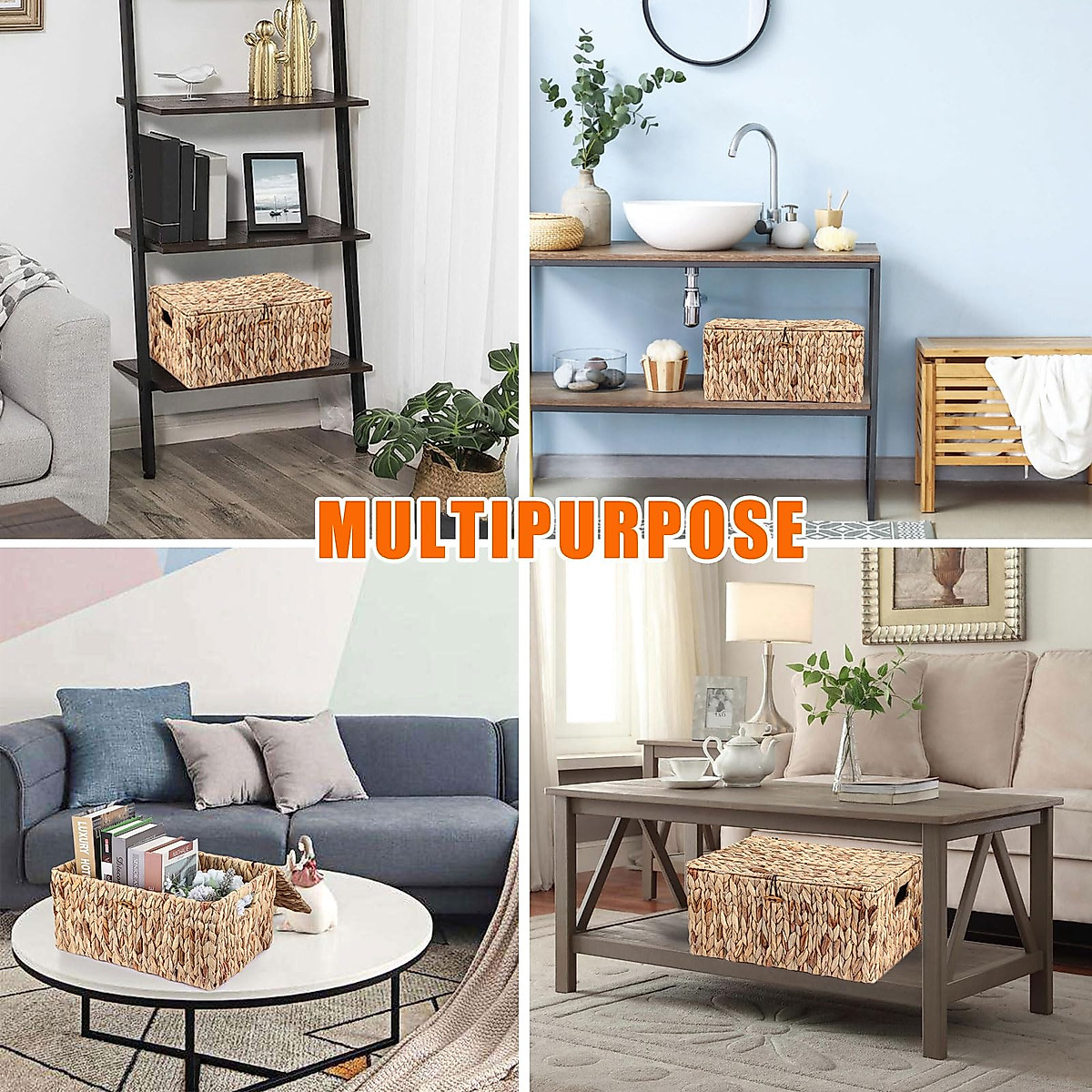 Hipiwe Wicker Storage Bins with Lid, X-Large Handwoven Water Hyacinth Wicker Baskets Rectangular Decorative Shelf Baskets Bin Built-in Handles Household Basket Boxes for Shelf Home Organizing