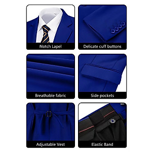 Men's 3 Piece Suit 2 Button Business Wedding Prom Slim Fit Suits Blazer Formal Tuxedo Vest & Trousers Royal Blue XL