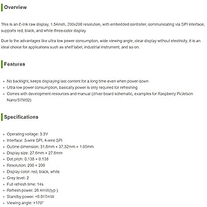 Waveshare 1.54inch E-Ink Raw Display, 1.54inch E-Ink raw Display， 200x200 Resolution