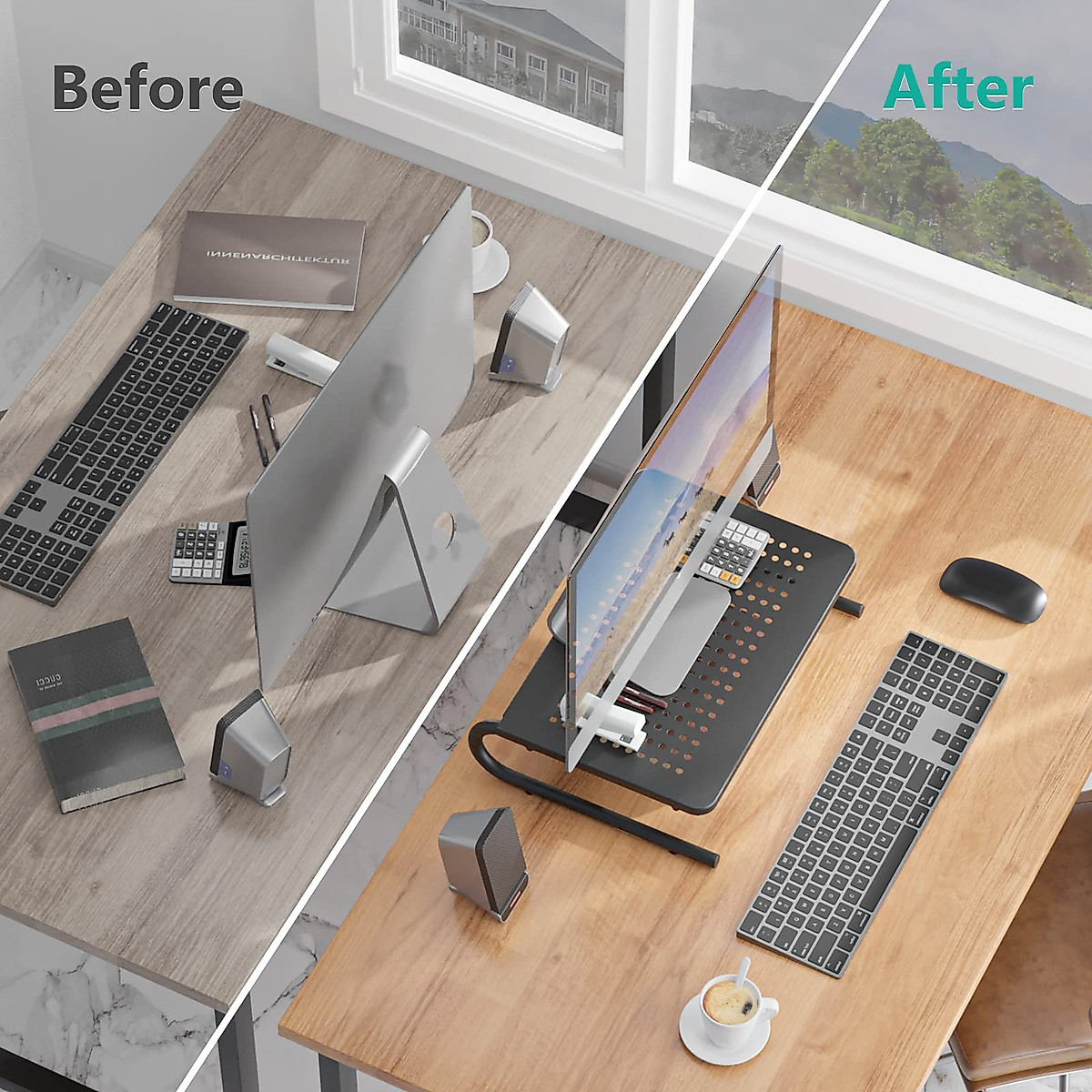 WALI Monitor Stand Riser, Laptop Holder Printer Riser Desk Accessories, Vented Metal Platform and 4 inches Height Underneath Storage for Office Supplies (STT001), 1 Pack, Black