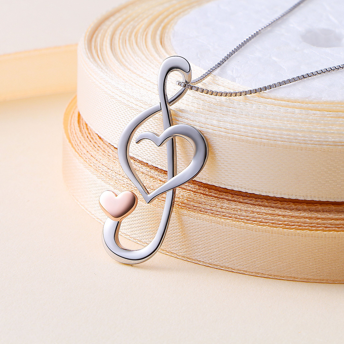 DAOCHONG S925 Sterling Silver Musical Note Treble Love Heart Pendant Necklace, Box Chain 18 inches