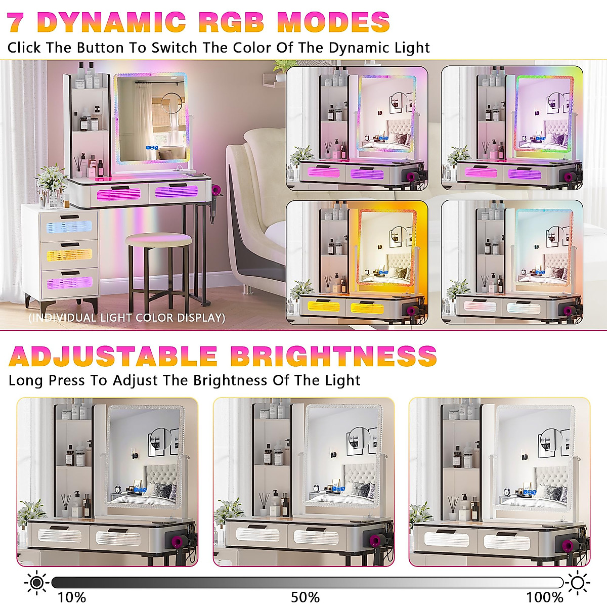 MDGC RGB Make Up Vanity with Wireless Charging Station,7 Dynamic&7 Static Dimmable Vanity Desk with Swivel Mirror and Lights,Makeup Vanity Table with Stool,5 Drawers,Glass Top,Open Shelf