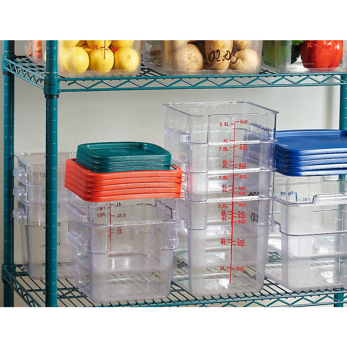 CURTA 4 Pack Food Storage Container with Green Lid - NSF Listed Commercial Grade in 2.0 Qt - Square, Clear, Polycarbonate