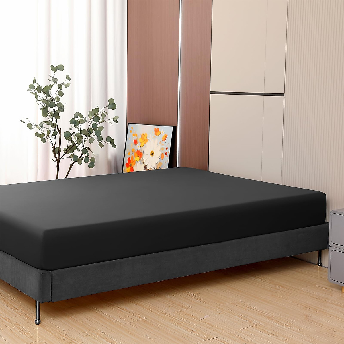 Toodou Soft Brushed Microfiber Black Twin Size Fitted Sheet-Comfortable and Durable Fitted Sheets-The Mattress Covers Made of Premium Fabric Which Have Great Breathability