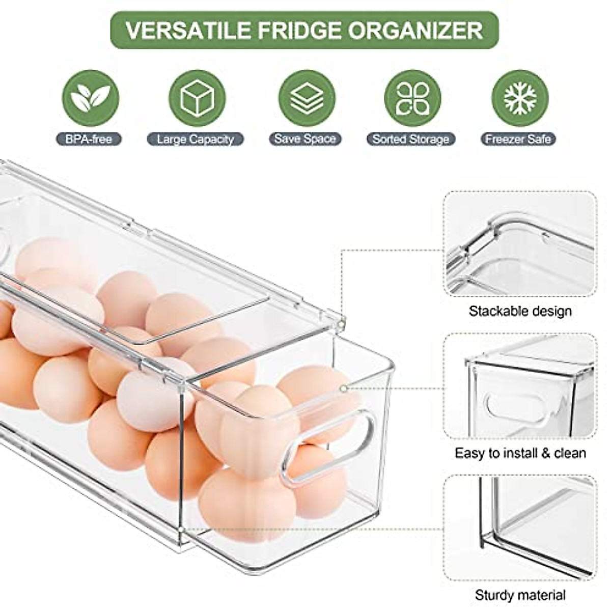 2 Pack Refrigerator Organizer Bins Pull Out Drawers, Clear Stackable Fridge Drawer Organizer with Handle, Fridge Sliding Storage Bins Organization with Drawers for Kitchen, Freezer, Cabinet, Pantry