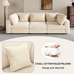 Merax 105" Couch Sofa with 5 Pillows and Removable Back Cushions, 3 Seater Corduroy Chaise Lounge Recliner for Living Room, Apartment Furniture, Beige