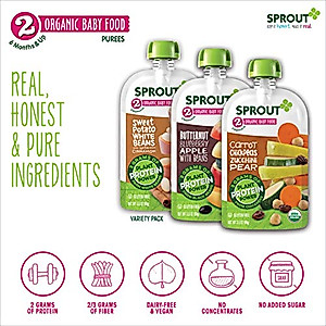 Sprout Organics, Stage 2 Variety Pack, Sweet Potato White Bean, Butternut Blueberry & Carrot Chickpea, 6+ Month Pouches, 3.5 oz (18-count) (Flavours May Vary)