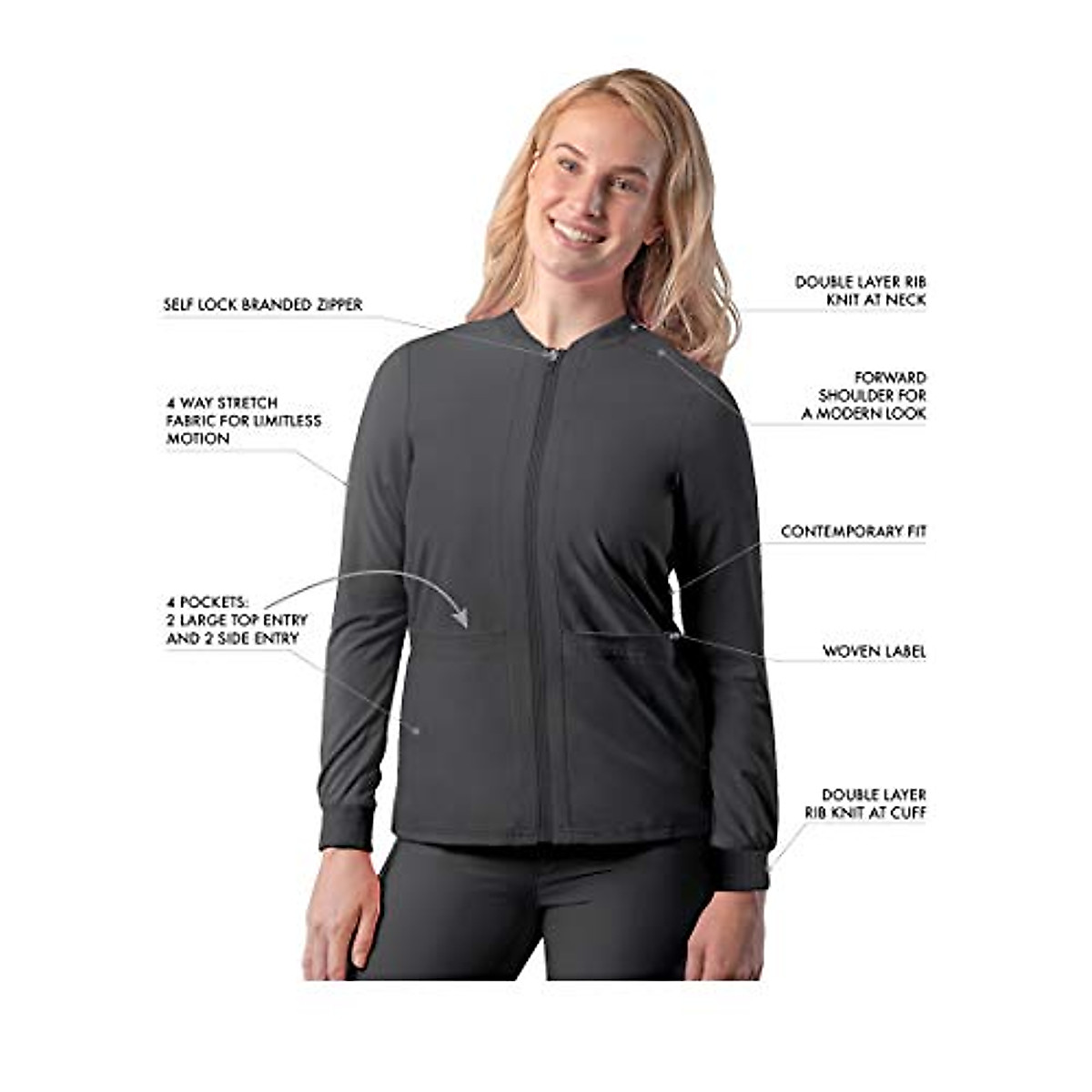 Adar Addition Scrubs for Women - Zippered Bomber Scrub Jacket - A6200 - Pewter - S