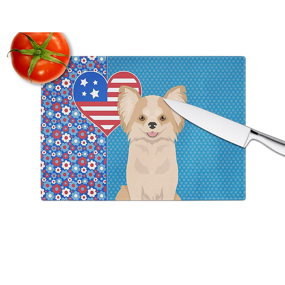 Caroline's Treasures WDK5165LCB Longhaired Gold and White Chihuahua USA American Glass Cutting Board Large Decorative Tempered Glass Kitchen Cutting and Serving Board Large Size Chopping Board