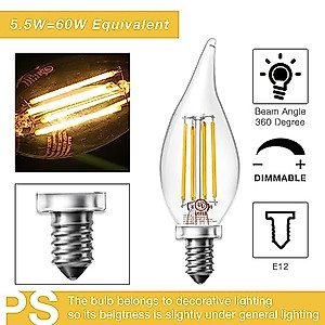 DAYBETTER E12 Candelabra Light Bulbs 60 Watt Equivalent, Dimmable LED Light Bulb Daylight White 5000K, Clear Filament Chandelier Light Bulbs 5.5W 600lm CA11 LED Bulbs, Ceiling Fan Light Bulbs, 5 Pack