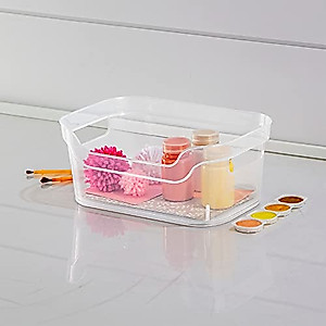 Sterilite 9.5 x 6.5 x 4 Inch Small Open Scoop Front Clear Storage Bin with Comfortable Carry Through Handles for Household Organization (16 Pack)