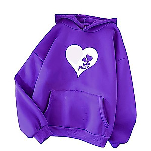 SMIDOW deals of the day lightning deals today prime Women's Cute Heart Fleece Hooded Sweatshirts Fall Teen Girl Hoodies Pullover Tops Fall Outfits 2023 Winter Clothes Purple 3X