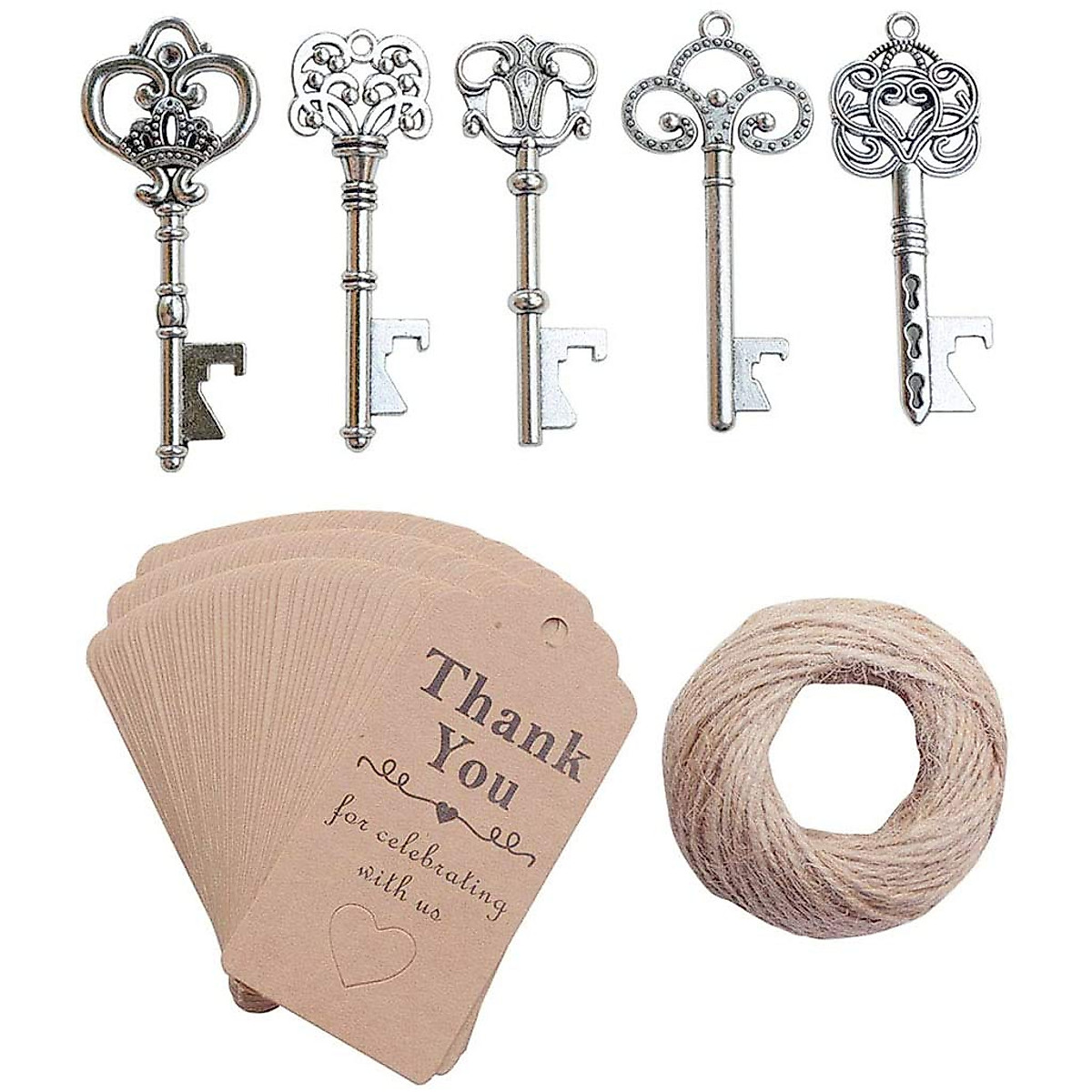 50 Pcs Silver Skeleton Key Beer Bottle Opener With 100 Pcs Thank You Card and 98 Feet Hemp Rope for Wedding Party Favors (50pcs Silver)