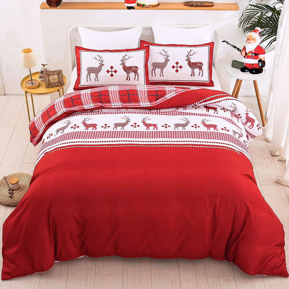 Christmas Duvet Cover Set King, Reversible Reindeer Red Plaid Comforter Cover with Zipper Closure, 3 Pieces Soft Microfiber New Year Xmas Holiday Bedding Cover Set with 2 Pillowcases