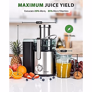 Healnitor 1000W 3-Speed LED Centrifugal Juicer Machines Vegetable and Fruit, Stainless Steel 3.5" Big Mouth, Easy Clean, High Juice Yield, BPA Free, Stainless Steel