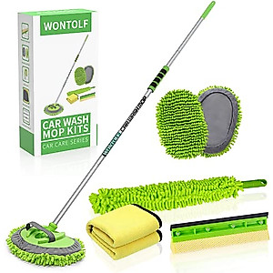 Wontolf 62'' Car Wash Brush with Long Handle Chenille Microfiber Car Wash Mop Mitt Car Washing Brush Cleaning Kit Windshield Window Squeegee Car Duster Microfiber Towels for Cars RV Truck Boat 9PCS