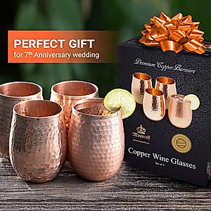 Copper wine glasses set of 4 – 17oz gleaming 100% solid hammered copper stemless wine cups – Valent for men and women – great copper tumblers for red or white wine and Moscow mules.