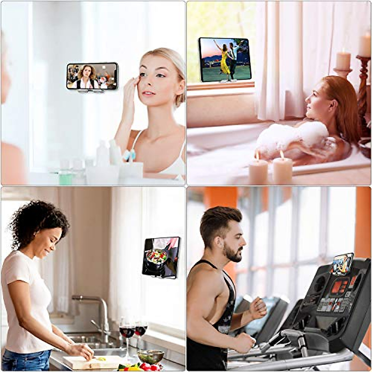 Wall Mount Cell Phone Holder - Mirror Adjustable Cellphone Stand with 2Pcs Adhesive Sticky Pads for Bathroom Bedroom Kitchen or Dorm, Compatible with iPhone Series or Other Smartphones