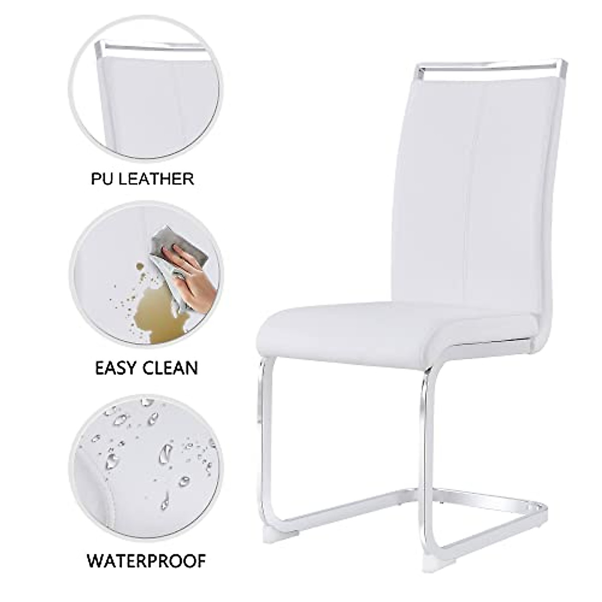 Ebullient 63" Glass Dining Table Set for 6 Modern Tempered Glass Top Dining Room Table with 6 Pcs White Faux Leather Dining Chairs，Kitchen & Dining Room Sets (Silver Base, White)