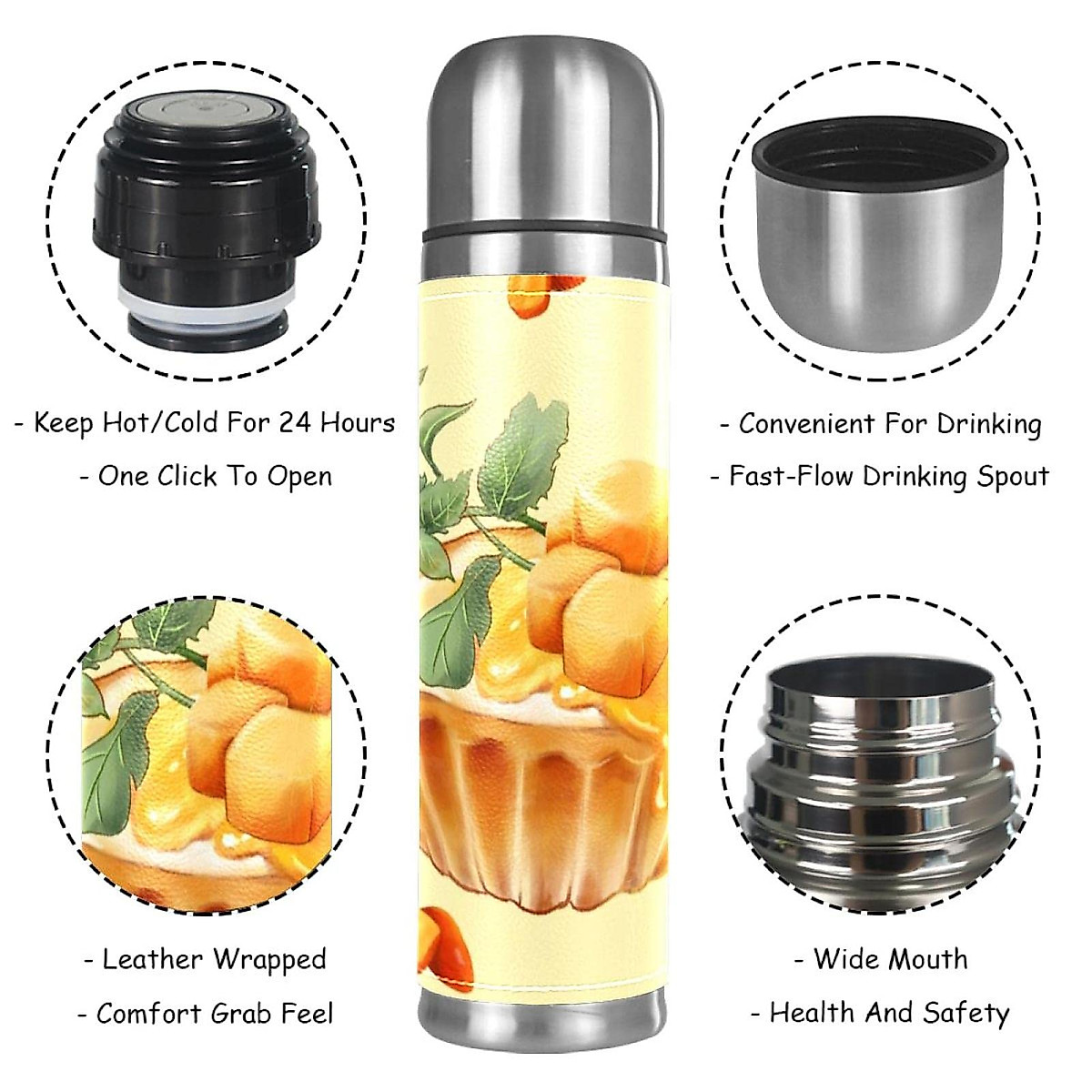 Stainless Steel Leather Vacuum Insulated Mug Mango Thermos Water Bottle for Hot and Cold Drinks Kids Adults 16 Oz