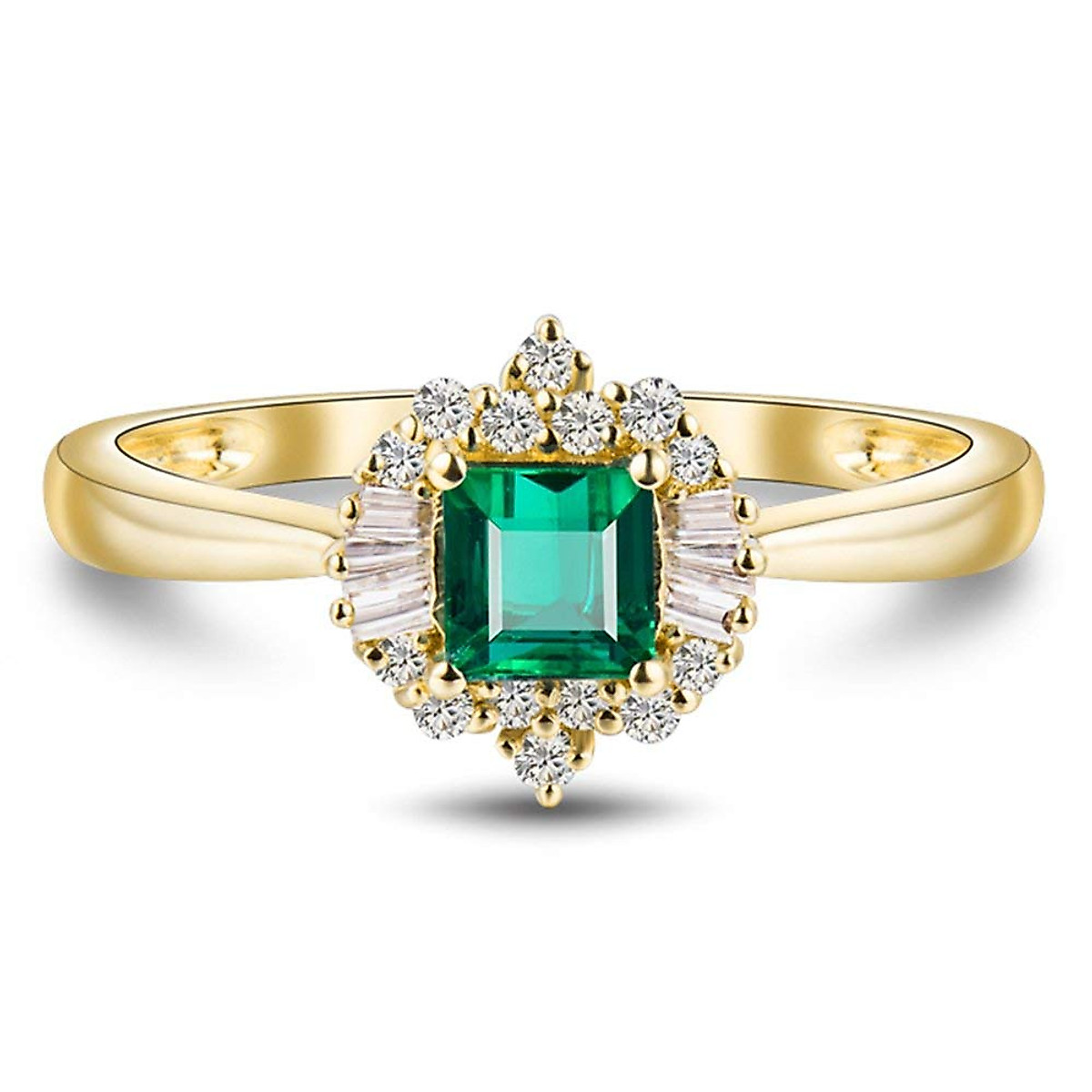 Lanmi 14K Yellow Gold Natural Emerald Diamonds Ring for Women Promise Engagement Wedding Anniversary Promotion