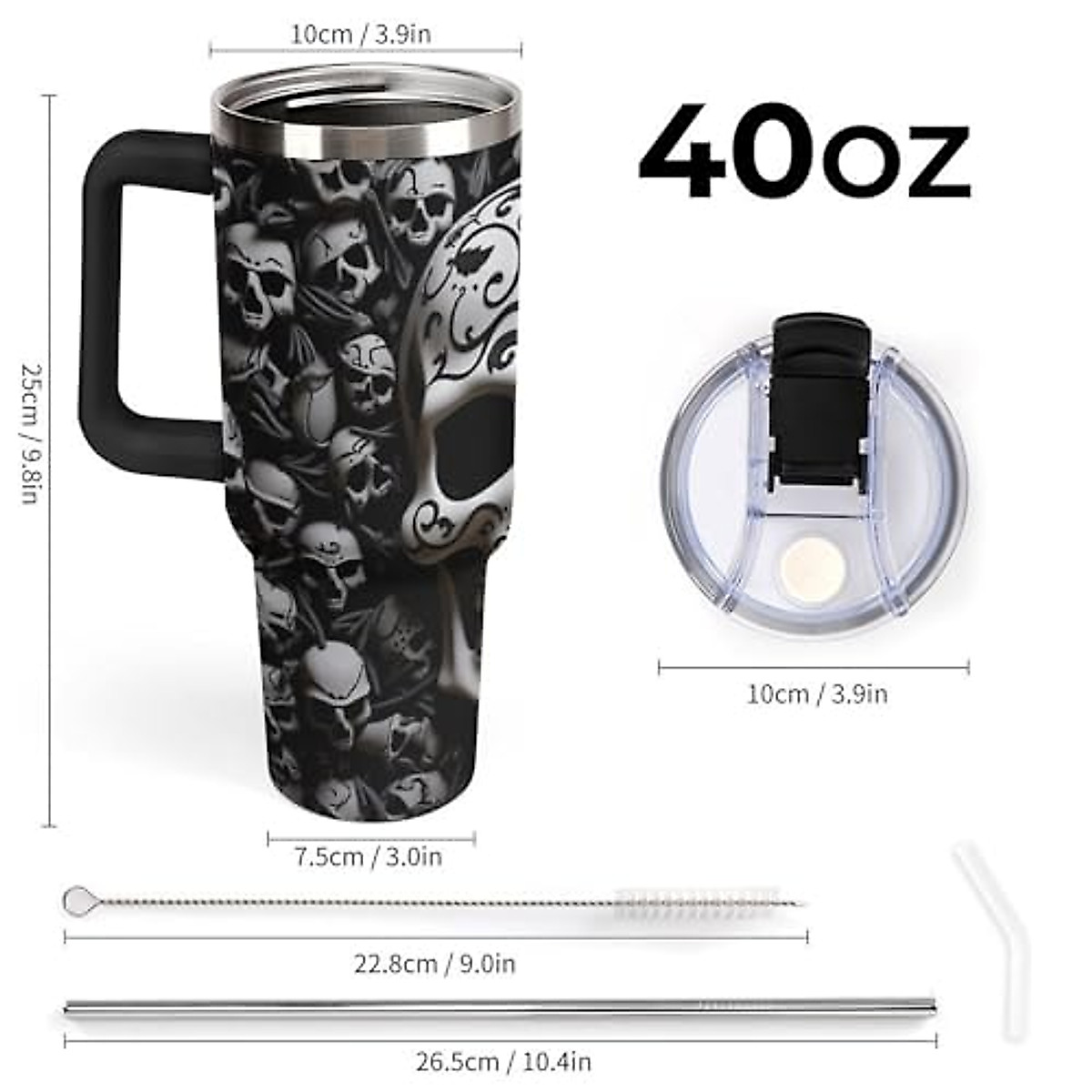 FZQVSGW Black And White Skulls 40 Oz Tumbler with Handle And Straw Stainless Steel Vacuum Insulated Tumblers Reusable Keep Drinks Cold Coffee Cup Holder Friendly Gifts for Women Men Car Gym Travel