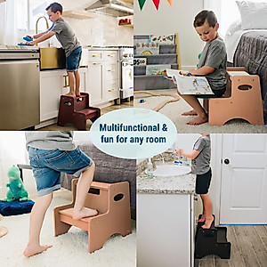 Wildkin Wooden Two-Step Stool for Kids and Adults, Perfect Kitchen Step Stool or Bathroom Potty Stool, Kids Stepping Stool Features Two Convenient Carrying Handles, Ideal for Home Use (Gray)