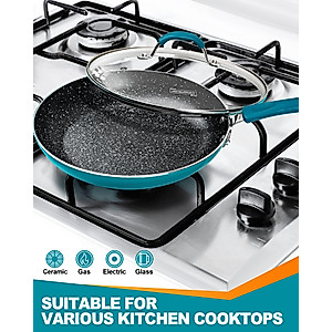 MICHELANGELO Nonstick Frying Pan with Lid, 10 Inch Frying Pan Nonstick, Enameled Non Stick Frying Pan with Silicone Handle, Nonstick Skillet with Granite Interior, Cyan