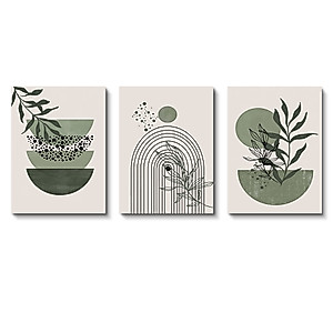 Sage Green Wall Posters & Prints, Green Boho Wall Art Set of 3, Minimalist Framed Wall Art Geometric Line Leaf Sun Moon Beige Green Canvas Artwork Paintings