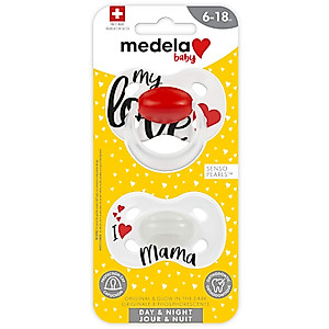 Medela Baby Pacifier | Day and Night Glow in The Dark | 6-18 Months | 2-Pack, Lightweight | BPA-Free | Supports Natural Suckling | My Love and I Love Mama