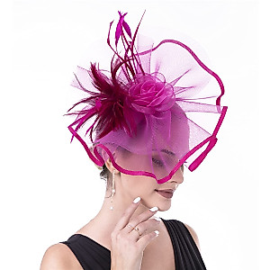 Lucky Leaf Girl Lady Hat Headwear Organza Church Feather Clip Fascinators Hat Wedding Party Kentucky Derby Cap for Women(L-Flowers-Fuschia)
