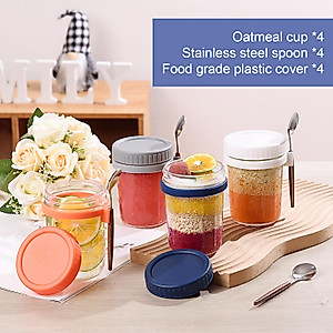 KITOENTI Overnight Oats Containers with Lids and Spoon, 4 Pack 16 Oz Mason Jars, Glass Container for Overnight Oats Leak Proof Oatmeal Container Great for Milk, Cereal, Fruit