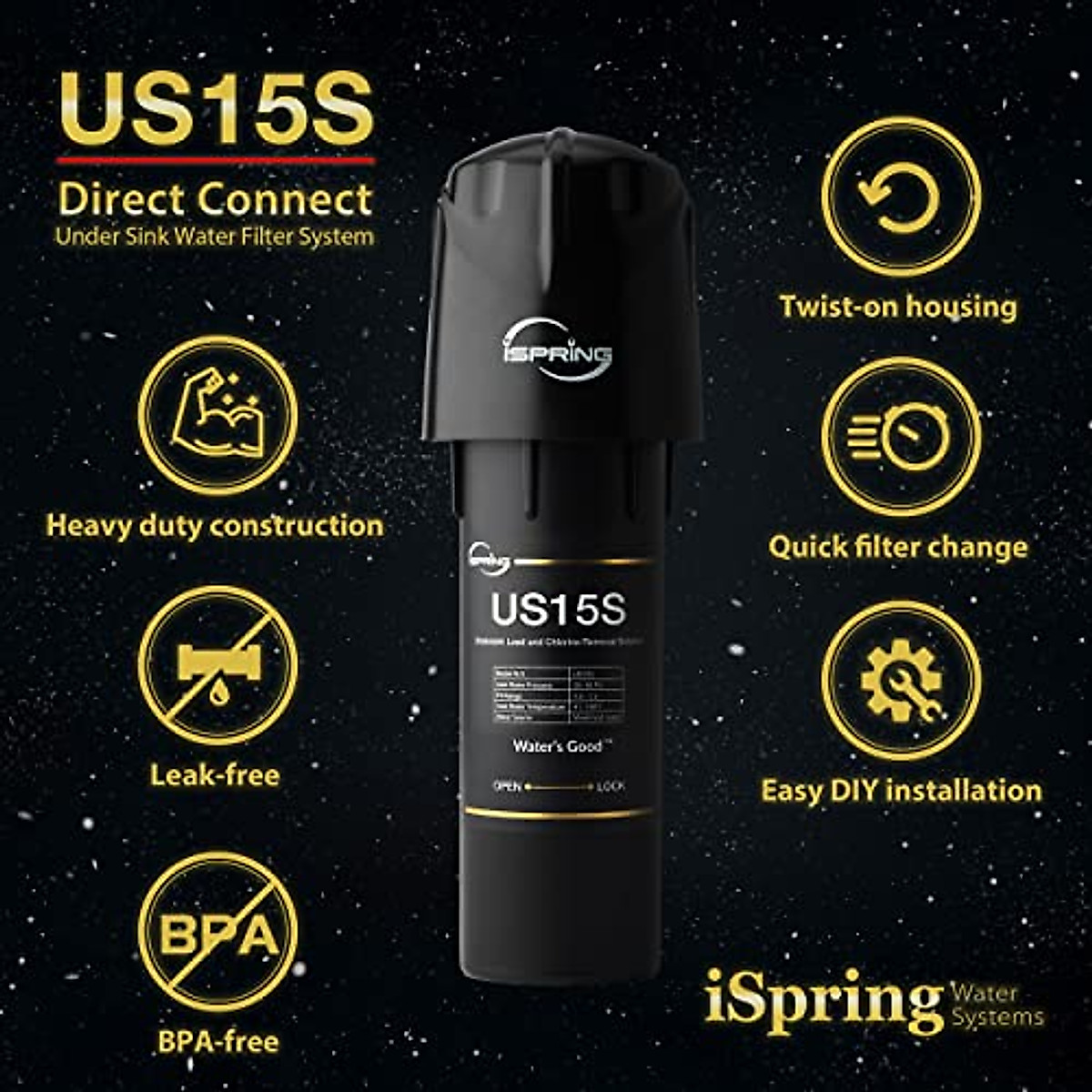 iSpring US15SD Direct-Connect Under Sink Water Filter System, High Capacity Filtration, Fit Kitchen and Bathroom Faucets, Reduces Lead and Chlorine, 10" x 2.5", Black