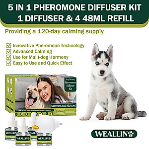 WEALLIN Dog Calming Diffuser Kit for Dog Anxiety Relief, 5-in-1 Dog Pheromone Diffuser Kit with 1 Diffuser +4 Refill 48ml Vial for 120-Day Use, Reduces Separation Anxiety, Aggression, and Stress