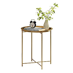 HOME BI Small Round End Table, Accent Side Table Nightstand with Removable Tray Top for Living Room Bedroom, Folding Mini Coffee Table, All Metal Frame, No Assembly Required, Gold