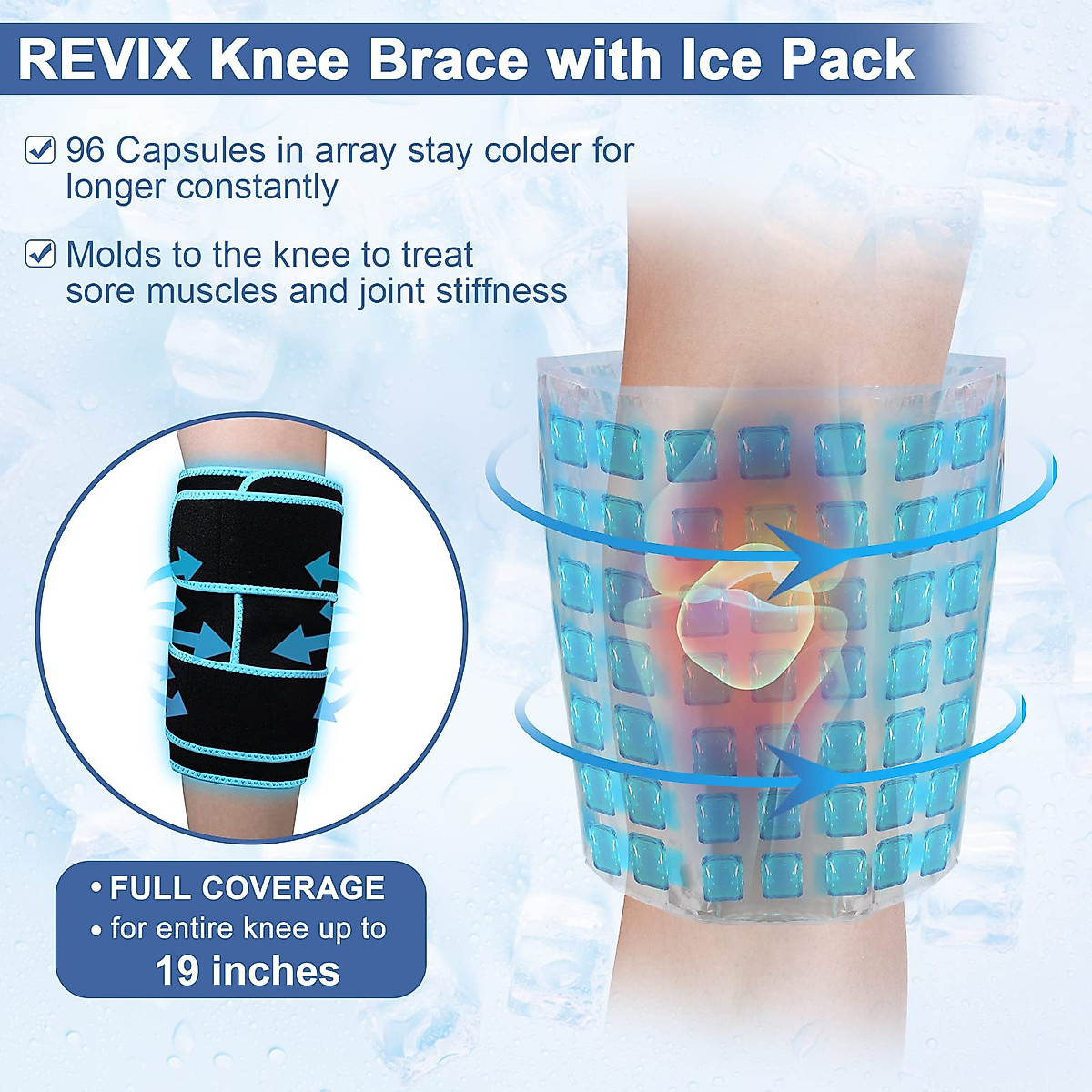 REVIX XL Knee Ice Pack Wrap Around Entire Knee After Surgery for Arthritis, Knee Brace with Ice Packs Inserts for Knee Replacement, Ice Knee Wrap with Cold Compression Pain Relief for Joint Injuries