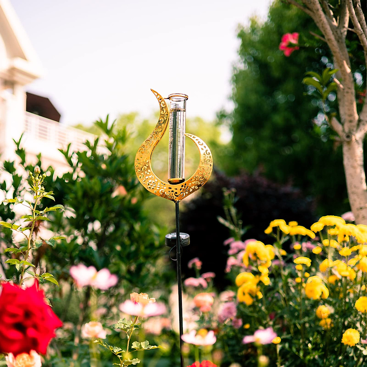 Venniy Rain Gauge Outdoor Decorative, Solar Garden Rain Gauge, 7" Capacity Glass Tube Metal Flame Shape for Garden Yard Lawn