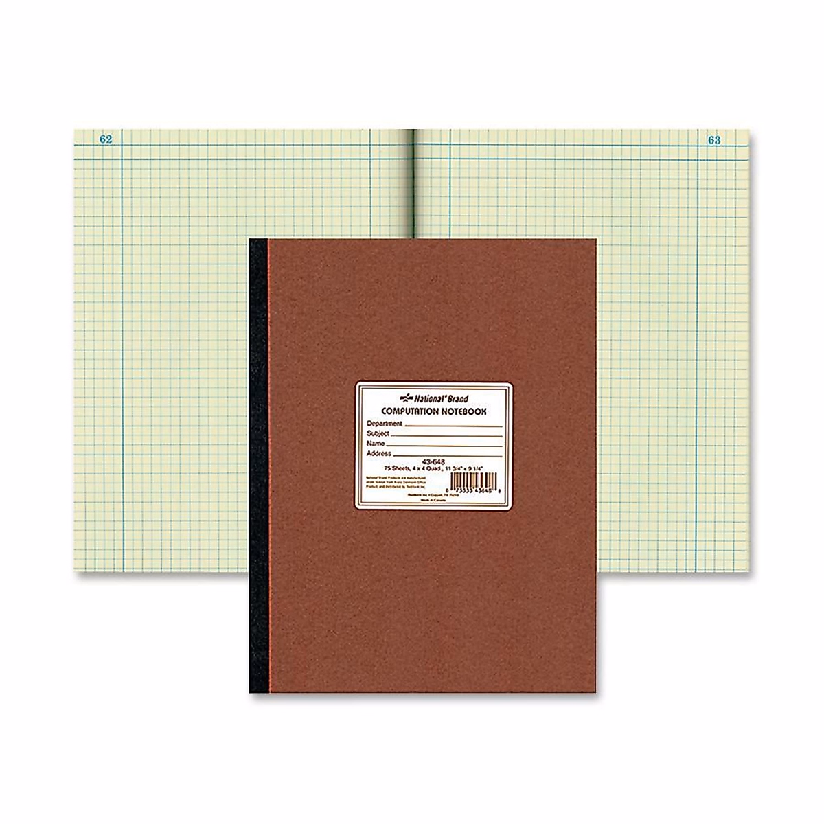 National Brand Computation Notebook, 4 X 4 Quad, Brown, Green Paper, 11.75 x 9.25 Inches, 75 Sheets (43648)