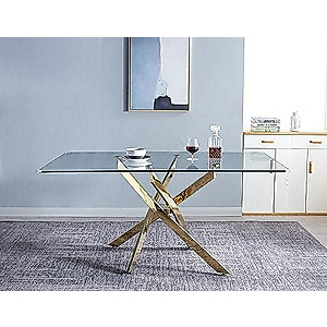 Goderfuu 51 inch Glass Dining Table Set for 4, Modern Dining Room Table with Gold Stainless Steel Base, Contemporary Tempered Glass Rectangle Dining Table, Kitchen Dining Room Tables Dinner Table