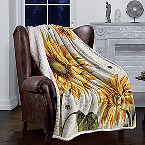 AmbeHome Luxury Sherpa Fleece Blanket, Sunflower Sherpa Blanket Fuzzy Throw Blanket Soft Plush Blankets and Throws for Bed Sofa, 50x60 Vintage Floral Bee Illustraction