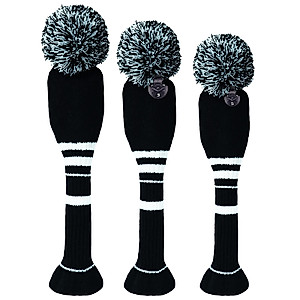 Golf Club Head Covers for Woods and Driver Fairway Hybrids Knit Set of 3 or 4 with Number Tag Pom Pom Clubs Headcovers for Men Women (3 Pack-Black&White Stripes)