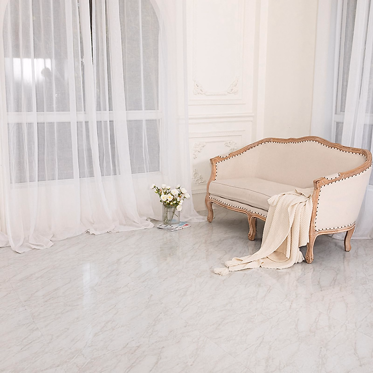 Euventyles Peel and Stick Floor Tiles 20 Pcs 12x12'' Self Adhesive Vinyl Flooring Waterproof Bathroom Glossy Stone Look Sticky Tiles