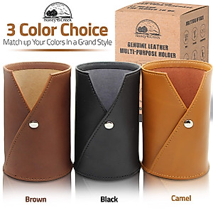 Desk Accessories for Women Office- Pen Holder Handmade with Genuine Leather for Desk Organization or Storage for Remote Controls | Eyeglasses | Sunglasses | Office Supplies | Sewing Supplies (Brown)