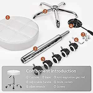 KKTONER Round Rolling Stool Chair PU Leather Height Adjustable Shop Stool Swivel Drafting Work SPA Salon Stools with Wheels Office Chair (White)