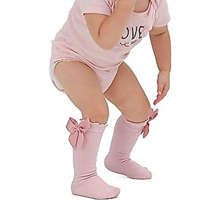 EPEIUS Baby Knee High Socks Newborn Girls Socks with Bow Uniform Tube Stockings Baby Long Socks for 0-3 Months,6 Pairs Pack,Black/White/Grey/Duty Pink/Wine/Green