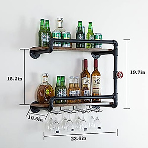 BOTAOYIYI Wine Rack Wall Mounted 2 Tier, Hanging Floating Small Mini Bar Liquor Shelves with Glass Holder Storage Under, Industrial Rustic Pipe Farmhouse Kitchen Decor Black(23.6x10.6x19.7)