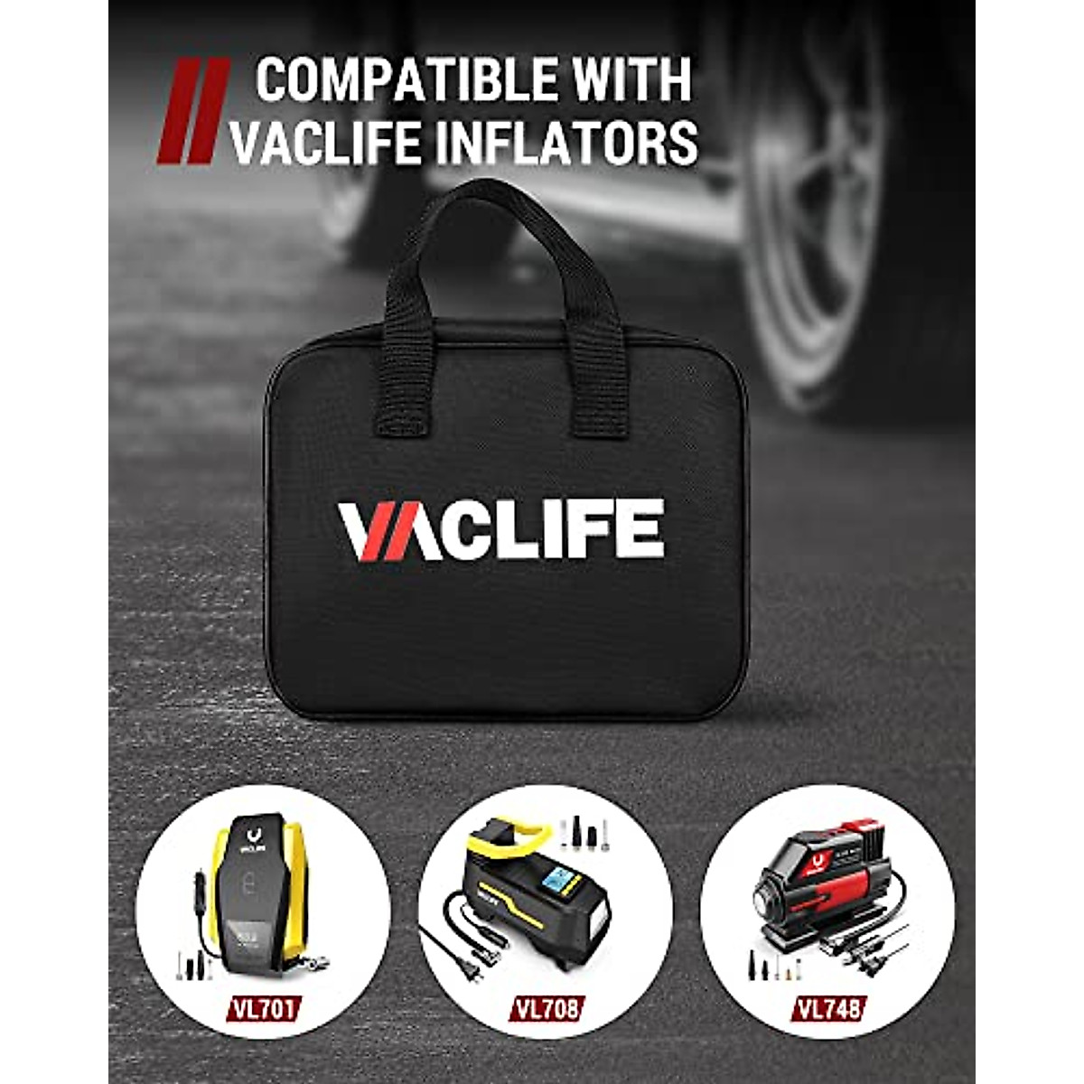 VacLife Tire Inflator Storage Bag - Air Compressor Portable Bag, Storage Bag for Air Pump for Car Tires, Carrying Case for Air Compressor for Car, Tire Pump Travel Bag, for VL701, VL708 & VL748