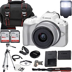 Canon EOS R50 Mirrorless Camera (White) + 2X 64GB Memory + Case + Filters + More (20pc Bundle)