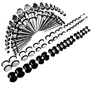 IPINK -72 Pieces Ear Stretching Kit 14G-00G Plugs and Tapers 14G-00G Gauges Set 36 Pairs (Black and White)